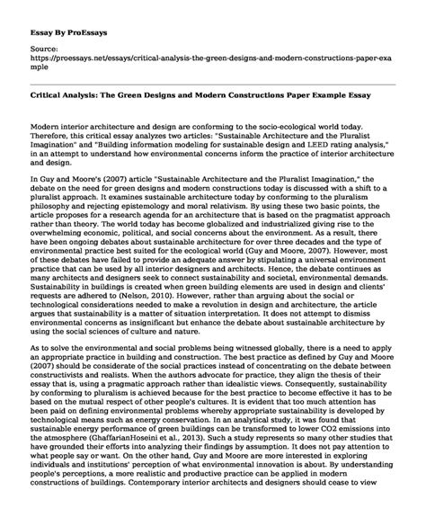 📗 Critical Analysis The Green Designs And Modern Constructions Paper Example Free Essay Term