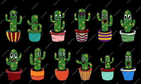 Conjunto De Plantas De Cactus De Dibujos Animados Vector Premium