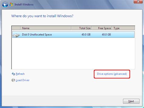 Windows7 Install 1 Unallocated Space