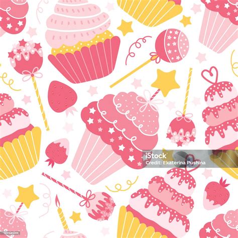 흰색 배경에 다른 핑크 과자의 매끄러운 패턴 케이크 컵케이크 머핀 롤리팝 크림을 곁들인 딸기 생일 결혼식 기념일을위한 축제 디자인 벡터 일러스트레이션 0명에 대한 스톡 벡터