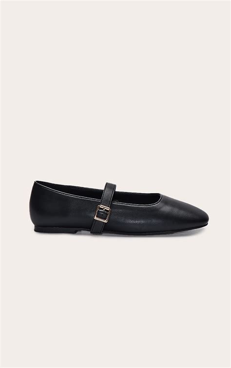 Black Buttery Pu Square Toe Buckle Ballet Flats Footwear Plt Uae