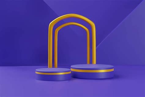 3d 블루 포디움 스탠드 황금 아치 프레임이 있는 둥근 받침대 제품 무대 쇼케이스를 위한 벡터 볼륨 장면 모형 0명에 대한 스톡 벡터 아트 및 기타 이미지 Istock