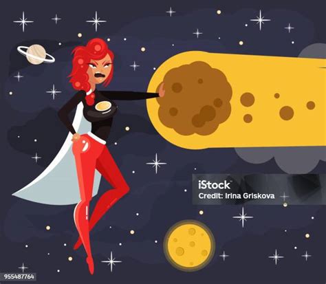 용감한 강한 슈퍼 히어로 여자 캐릭터는 운 석을 중지 하 고 세계 행성을 저장 보호 만화 슈퍼 영웅 개념입니다 벡터 만화 플랫 디자인 그래픽 고립 된 그림 슈퍼히어로에 대한