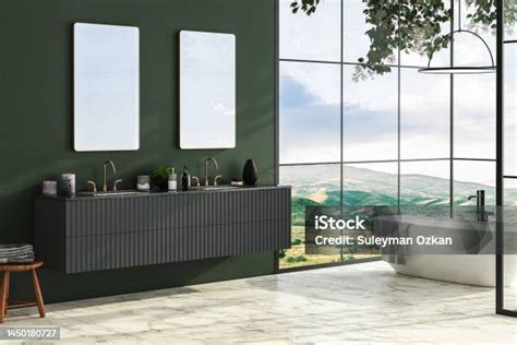 짙은 녹색 벽이 있는 현대적인 욕실 인테리어 더블 세면대가 있는 고급 욕실 캐비닛 인테리어 식물 수영장 대리석 조리대 창문에서 바라보는 숲 전망 아늑한 욕실 디자인 3d