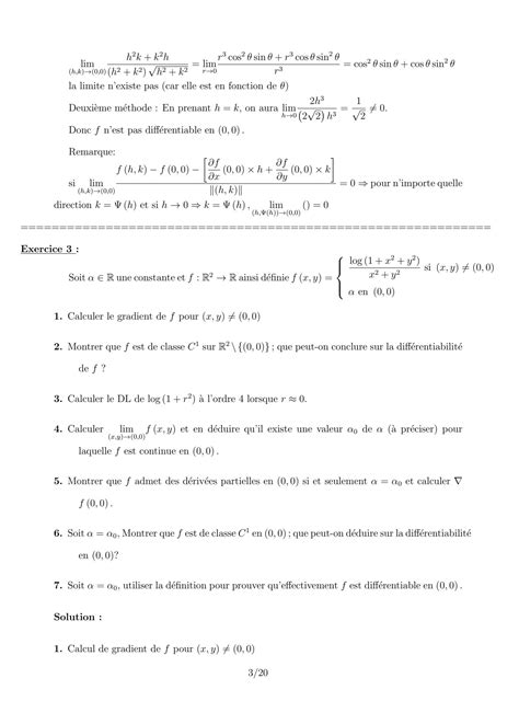 Solution Exercices Avec Corrige Fonctions De Plusieurs Variables