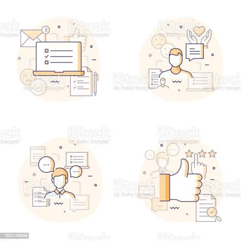 설문 조사 및 평가 관련 현대 라인 스타일 벡터 일러스트레이션 Brand Name Online Messaging Platform