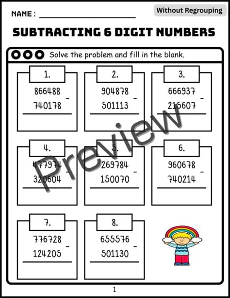Subtraction 6 Digit Numbers Without Regrouping Printable Worksheets