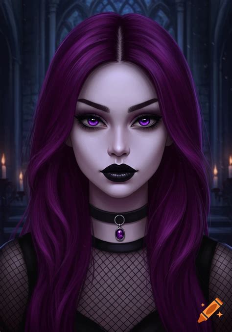 Digital Art Portrait Of A Goth Girl With Long Purple Hair Purple Eyes