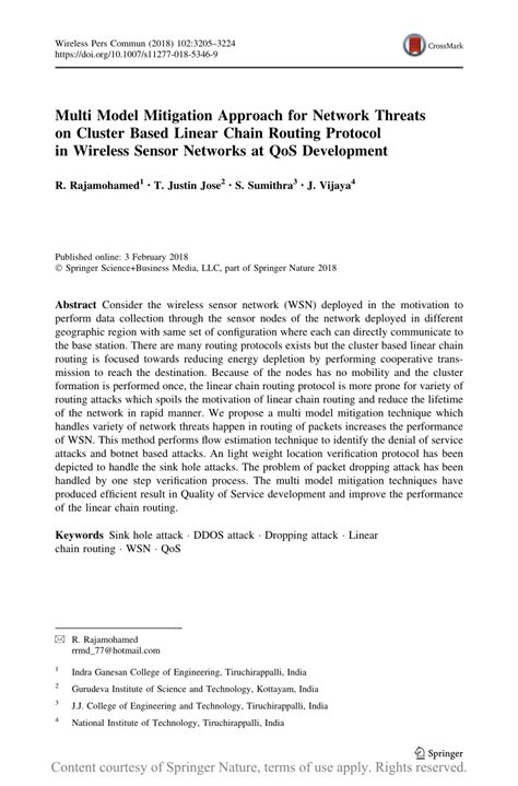 Multi Model Mitigation Approach For Network Threats On Cluster Based Linear Chain Routing