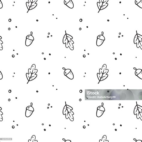 손으로 그린 도토리와 떡갈나무 잎 낙서 스타일의 벡터 꽃 그림입니다 가을 이음매 없는 패턴 0명에 대한 스톡 벡터 아트 및 기타 이미지 Istock