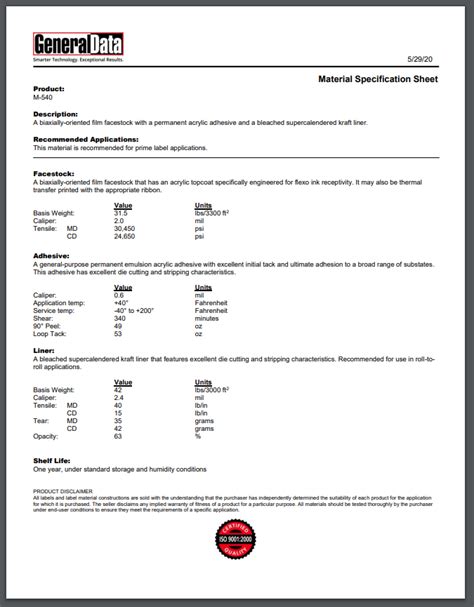 M 540 Material Spec Sheet General Data