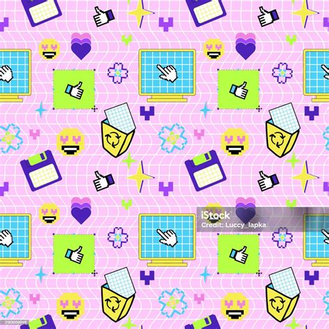 오래 된 컴퓨터 미적 완벽 한 패턴입니다 노스탤지어 픽셀 창입니다 생생한 80 년대90 년대 스타일의 복고풍 사용자 인터페이스 및 데스크탑 일러스트레이션 1900 1909