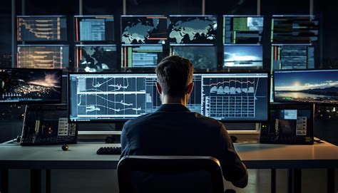 A Man Working At A Desk With Multiple Computer Monitors Premium Ai Generated Image