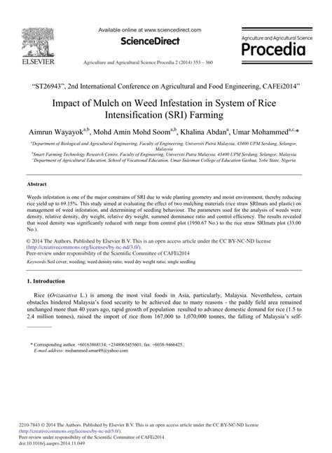 Pdf Impact Of Mulch On Weed Infestation In System Of Rice Intensification Sri Farming
