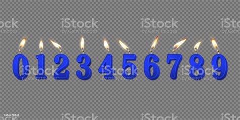 벡터 3d 현실적인 파라핀 또는 왁스 굽기 파란색 생일 파티 촛불 숫자 및 촛불 아이콘 세트의 다른 불꽃이 격리되어 있습니다