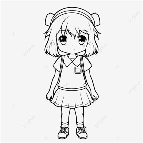 그녀의 교복의 소녀가 그것의 앞에 앉아있는 애니메이션 소녀 색칠 페이지 개요 스케치 드로잉 벡터 간단한 애니메이션 그리기 간단한 애니메이션 개요 간단한 애니메이션