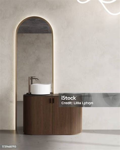 장식용 석고 벽 목재 가구 세면대가 있는 거울 3d 렌더링이 있는 욕실 인테리어 0명에 대한 스톡 사진 및 기타 이미지 0명 가구 가정의 방 Istock