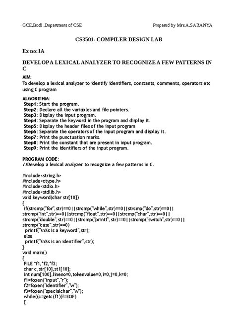 Cd Manual Experiment 1 To 3 Only Cs3501 Compiler Design Lab Ex No