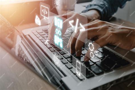 Premium Photo Devops Concept Woman Hand Using Laptop Computer With Devops Icon On Vr Screen On
