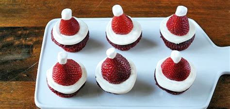 Mini Red Velvet Santa Hat Cupcakes Recipe Xmas Desserts Strawberry