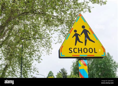 School Crossing Road Sign Yellow Triangle Warning For School Zone