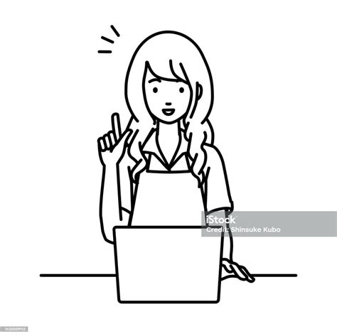 랩톱 컴퓨터를 사용하여 카페 앞치마에 있는 한 여성이 책상에서 손 짓을 가리키며 아이디어를 얻습니다 가리키기에 대한 스톡 벡터