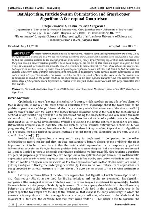 Pdf Bat Algorithm Particle Swarm Optimization And Grasshopper Algorithm A Conceptual Comparison