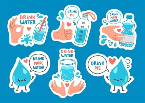 Drink More Water Sticker Set Flat Design Vector Illustration In 2024