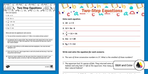 Seventh Grade Two Step Equations Worksheet Teacher Made
