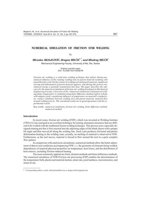 Pdf Numerical Simulation Of Friction Stir …thermalscience Vinca Rs