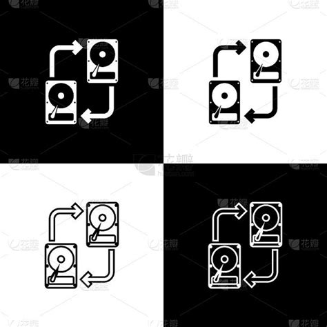 设置固定数据存储设备的硬盘，带有箭头，黑白背景上的数据复制图标。数据交换与硬盘驱动器。转移的迹象。线