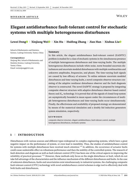 Pdf Elegant Antidisturbance Fault‐tolerant Control For Stochastic