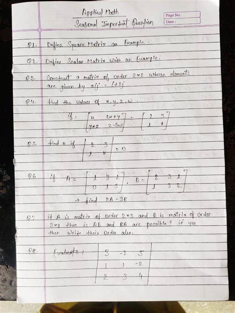 Q1 Define Square Matrix An Example Q2 Define Scalar Matrix With An Eua
