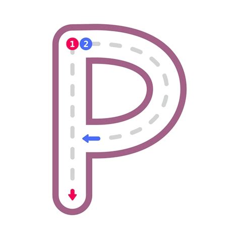 유치원 미취학 아동을위한 추적 알파벳 문자 P 대문자 미리 쓰기 점선 요소 프리미엄 벡터
