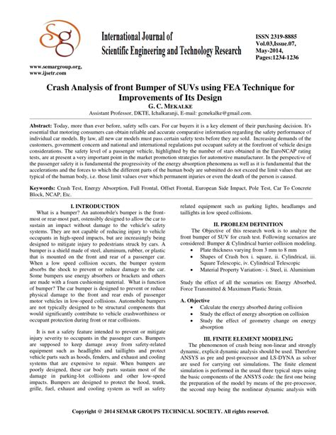 Pdf Crash Analysis Of Front Bumper Of Suvs Using Fea Technique For Improvements Of Its Design
