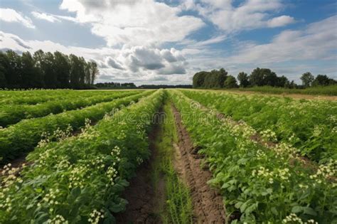 Genetically Modified Crop Field With Rows Of Crops In Various Stages Of Growth And Development
