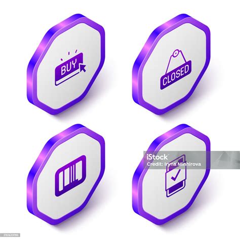 등각 투영 구매 버튼 닫힘 텍스트가있는 행잉 표지판 바코드 및 모바일 쇼핑 아이콘을 설정합니다 보라색 육각형 버튼 벡터 3차원 형태에 대한 스톡 벡터 아트 및 기타 이미지