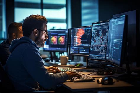 Premium Photo | Software developer and a man at computer for coding script or cyber security in ...