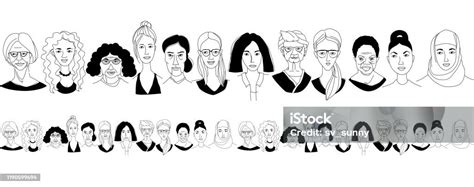 여성 다양성 머리 초상화 라인 그리기 낙서 포스터 원활한 패턴 개성 개념에 대한 스톡 벡터 아트 및 기타 이미지 개성 개념 공동체 글로벌 커뮤니케이션 Istock
