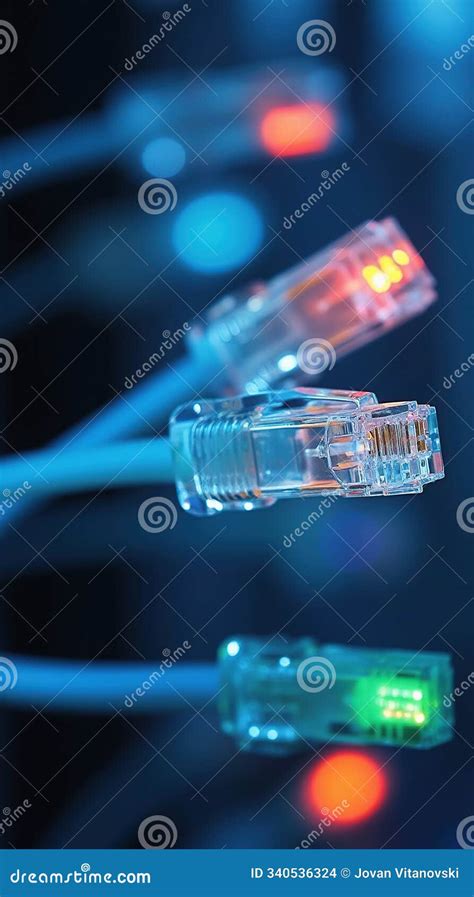 Close Up Of Rj45 Ethernet Cables With Vibrant Led Lights Stock