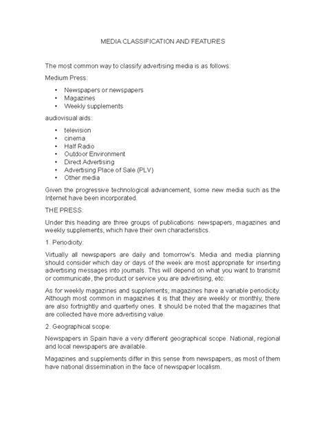 Media Classification And Features The Press Under This Heading Are