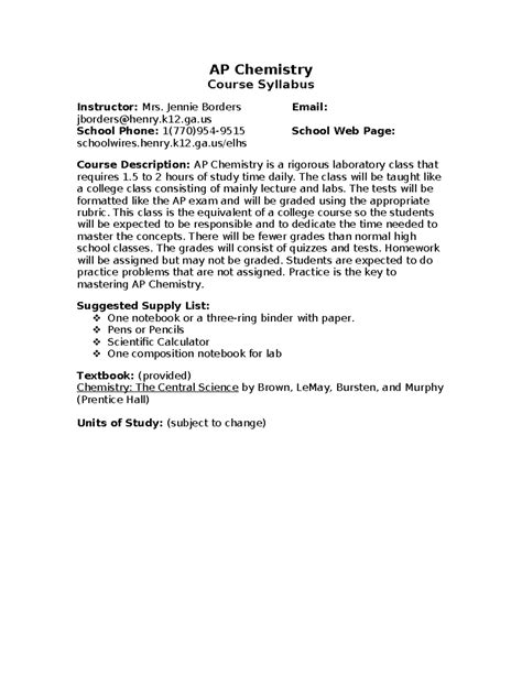 Ap Chemistry Syllabus Ap Chemistry Course Syllabus Instructor Mrs