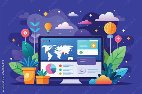 A Vibrant Illustration Showcasing Global Business Analytics And Growth Represented By A Desktop