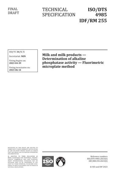 ISO DTS FDIS Milk And Milk Products Determination Of Alkaline Phosphatase Activity