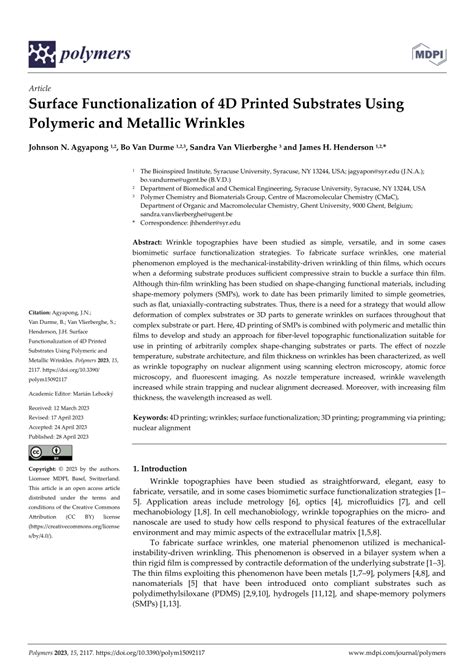 Pdf Surface Functionalization Of 4d Printed Substrates Using