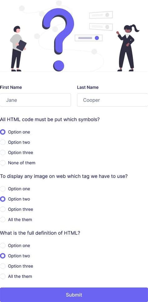 Html Quiz Form For Website Formbold
