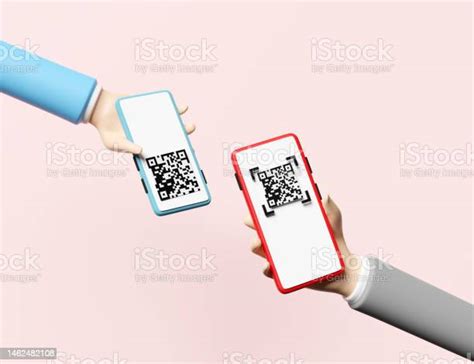 휴대 전화를 들고 손 분홍색 배경에 격리 된 Qr 코드 스캐너가있는 스마트 폰 현금 없는 지불 온라인 쇼핑 개념 3d 그림 3d