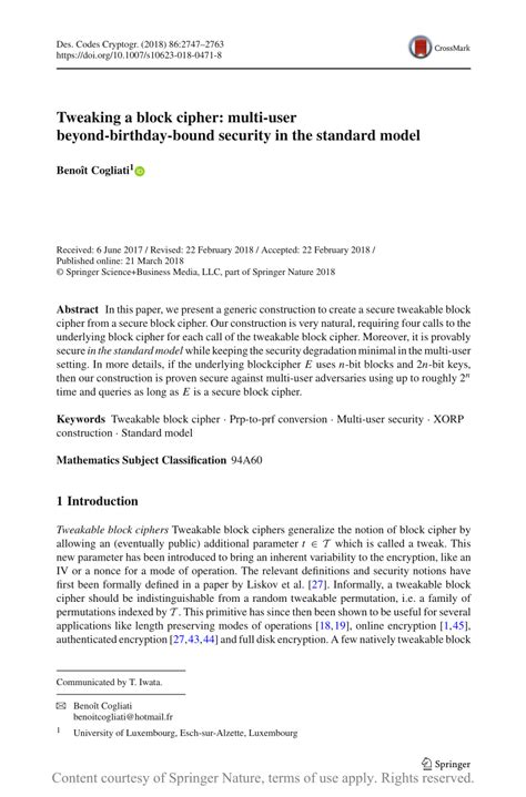 Tweaking A Block Cipher Multi User Beyond Birthday Bound Security In The Standard Model
