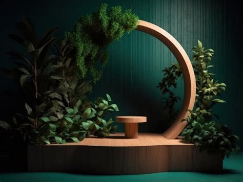 나뭇잎과 샤 녹색 배경에 화장품 제품 광고 스탠드 전시회 나무 연단 Ai 생성 이미지