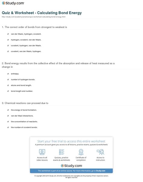 Quiz Worksheet Calculating Bond Energy Study — Db